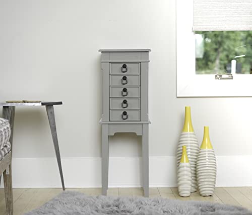 Hives and Honey Meg Jewelry Armoire - Modern Wood Storage Organizer with Necklace Hooks, 5 Drawers, and Vanity Mirror, Grey