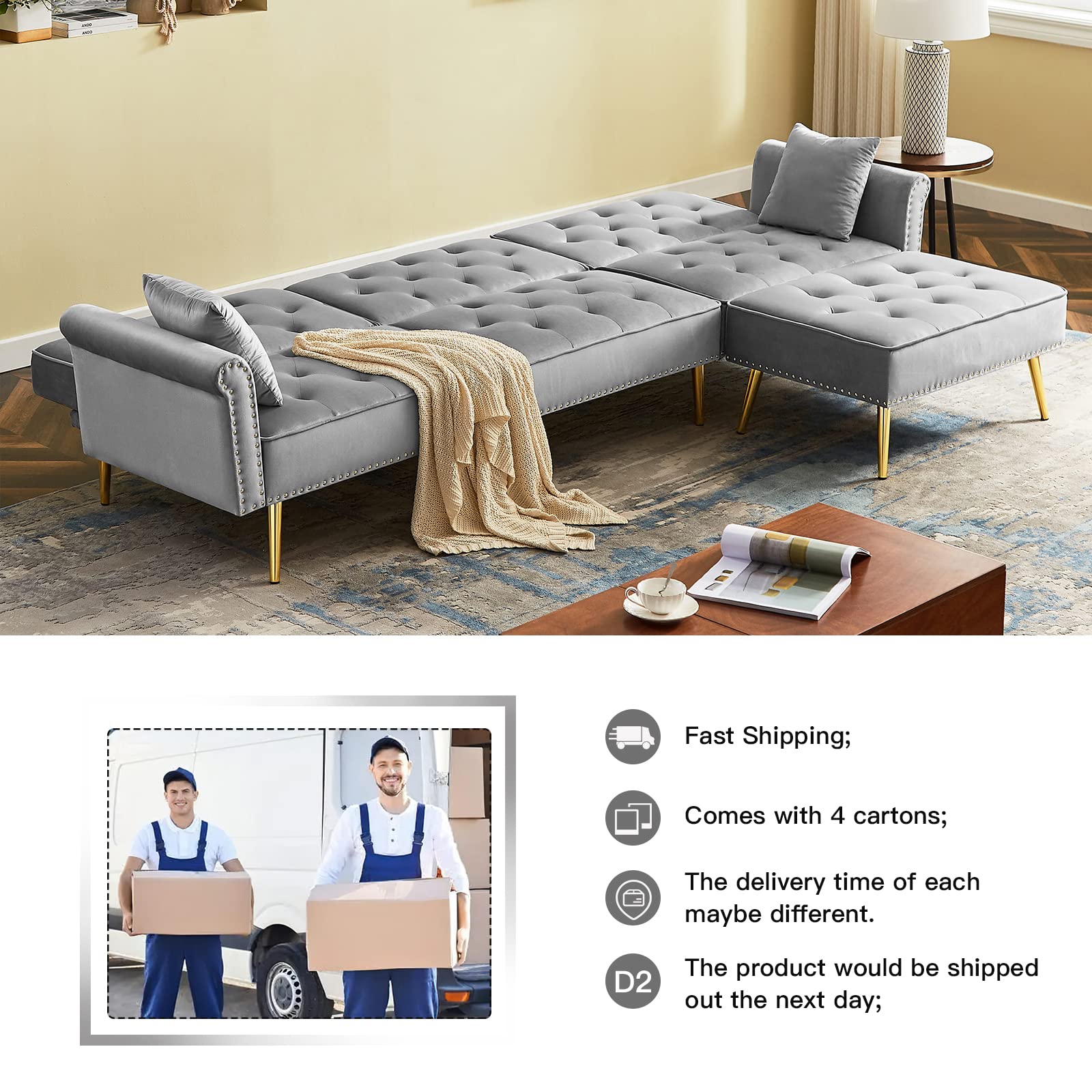 Hommoo 110β Modern Reversible Sectional Couch for Living Room Velvet L Shaped Couch with Removable Ottoman Nailhead Trim 3 Seater Sofa with Metal Gold Legs Light Gray