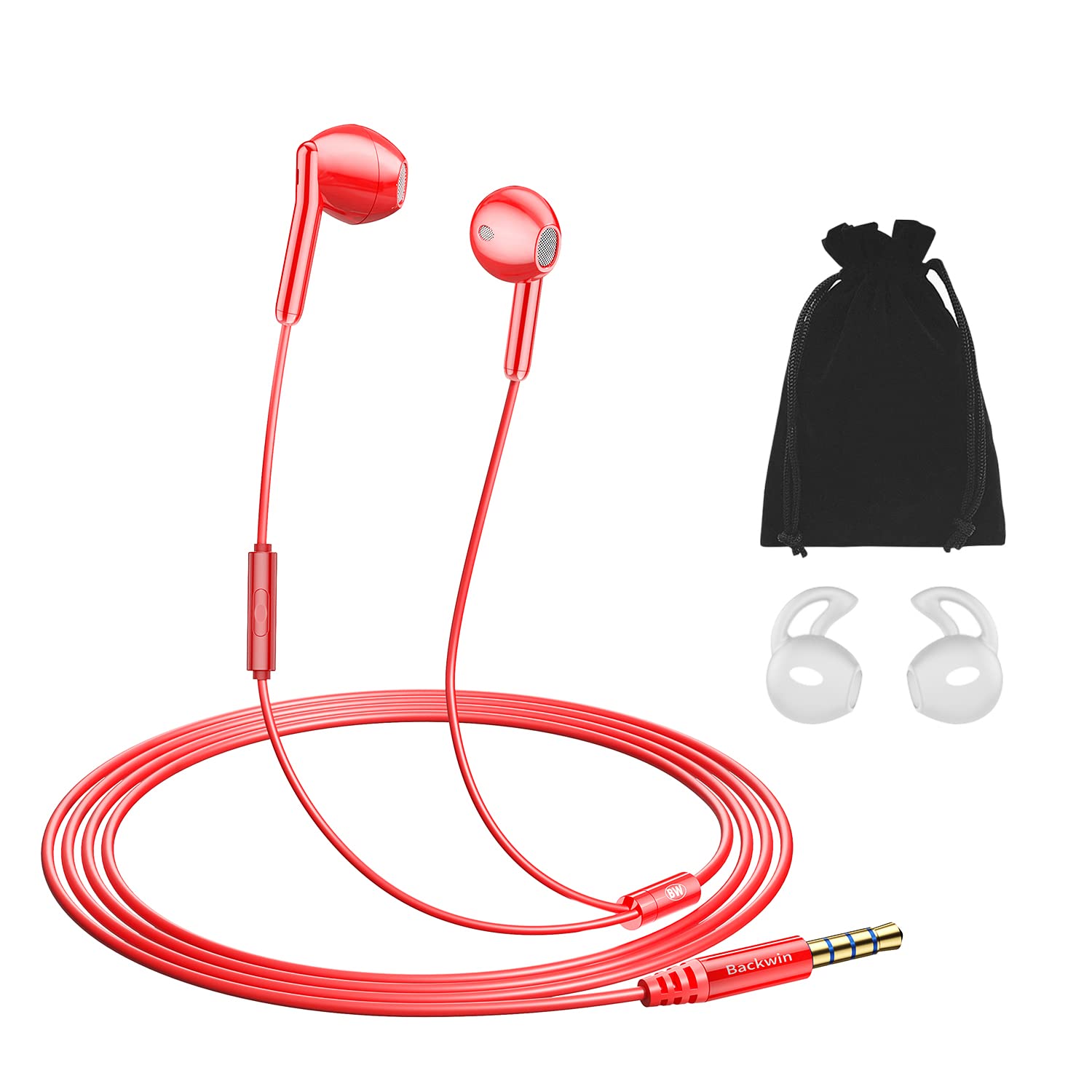 BACKWIN Wired Earbuds, Headphones with Mic, Bass Driven Sound, Anti-Tangle Noise Cancelling Clear Calls 0 Latency IP67 Dust/Water Resistance 3.5mm Jack Fit for iphone/iPad/Android/PC(Red)