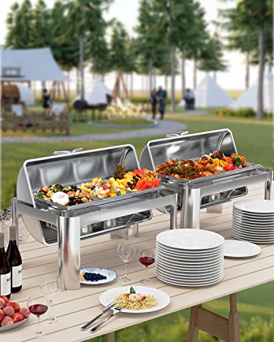 Halamine Roll Top Chafing Dish Buffet Set, 9 Qt Stainless Steel Catering Chafer Server with 3 1/3 Size Pans Rectangle Catering Warmer Server for Wedding, Parties, Banquet, Catering Events, Graduation