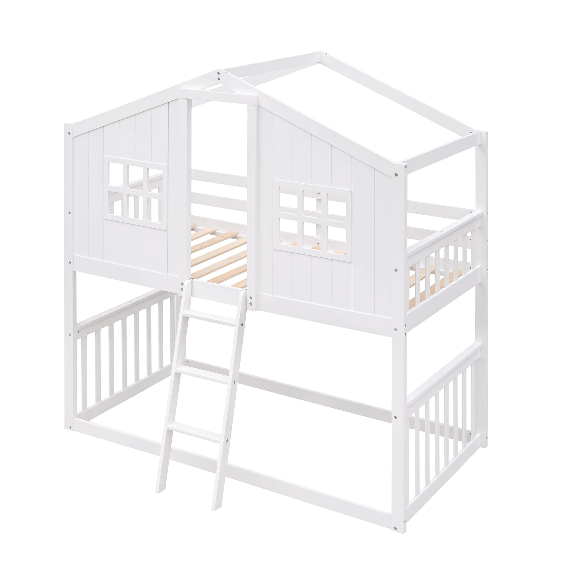 Harper & Bright Designs House Bunk Beds, Twin Over Twin Bunk Bed with Roof, Ladder and Windows, Floor Bunk Bed, Low Bunk Loft Bed for Kids Teens Boys & Girls, White