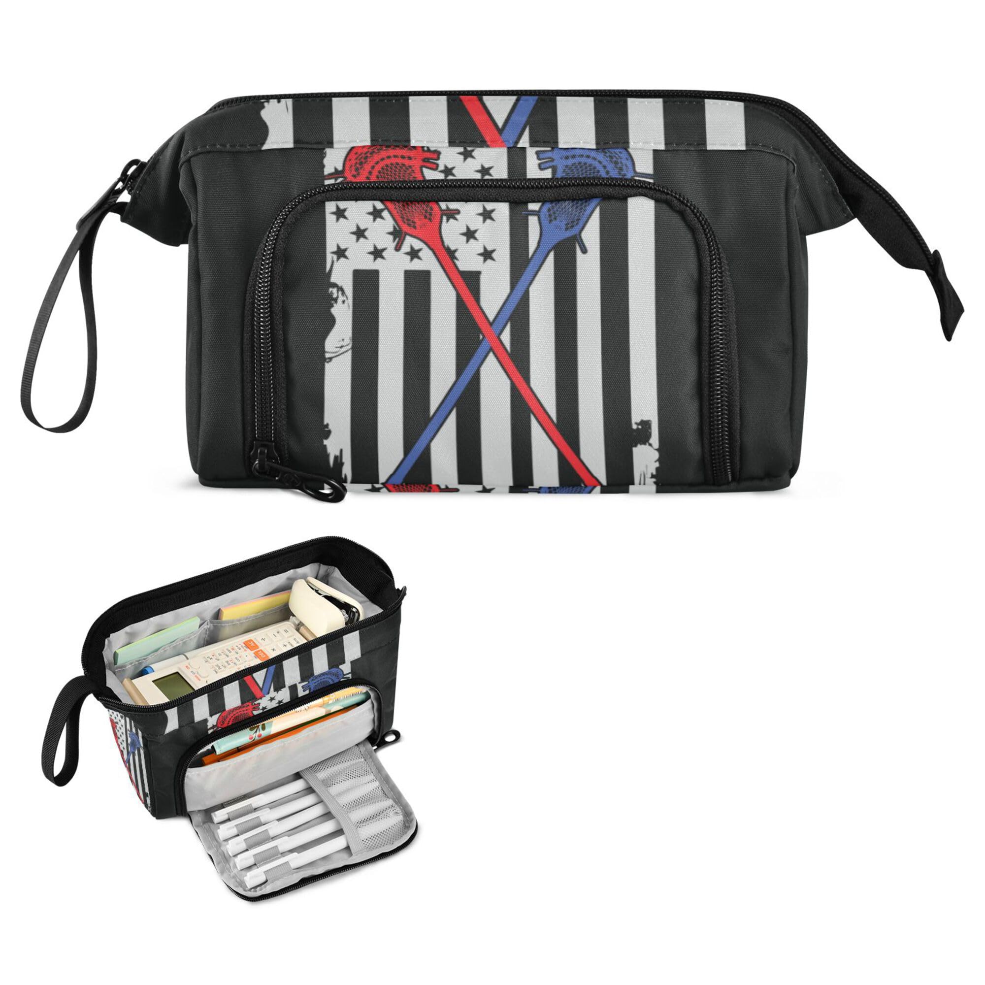 Glaphy American Flag with Lacrosse Hockey Pencil Case Large Capacity Pencil Pouch Bag Zipper Storage Stationery Bag for Office College School