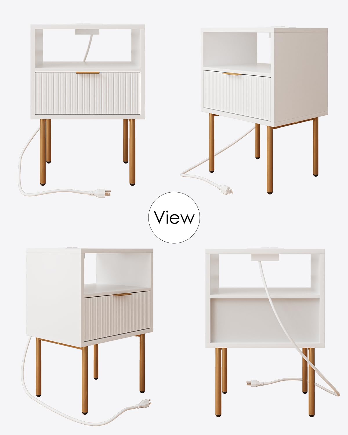 Aobafuir Nightstand with Charging Station, Drawer Dresser for Bedroom, Small Side Table with Drawer, Night Stand, End Table with Gold Frame for Bedroom, Living Room, Stripe White