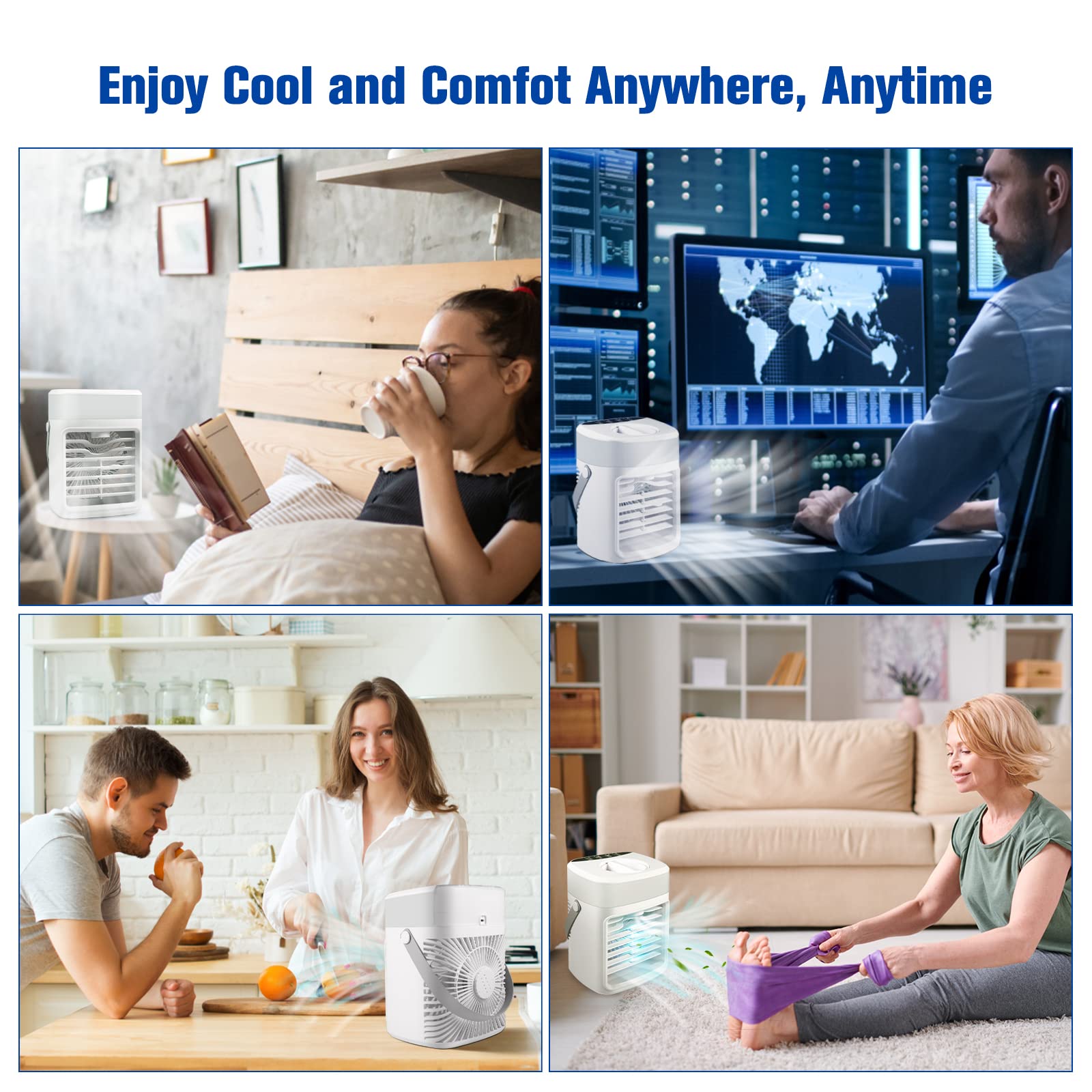 Portable Air Conditioner, Personal Evaporative Air Cooler, Strong Wind Air Fan with 3 Speeds & 3 Misting & LED Light & Aromatherapy Slot Small Desktop Cooling Humidifier Fan for Bedroom, USB Charging