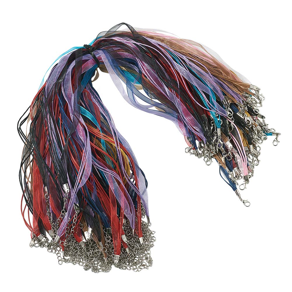 Beadthoven 100 Strands Multi-Strand Ribbon Necklace Cord with 3 Loops Waxed Cord Organza Ribbon Alloy Lobster Claw Clasps Chains for Necklace Making 17.7" Solid Mixed Color