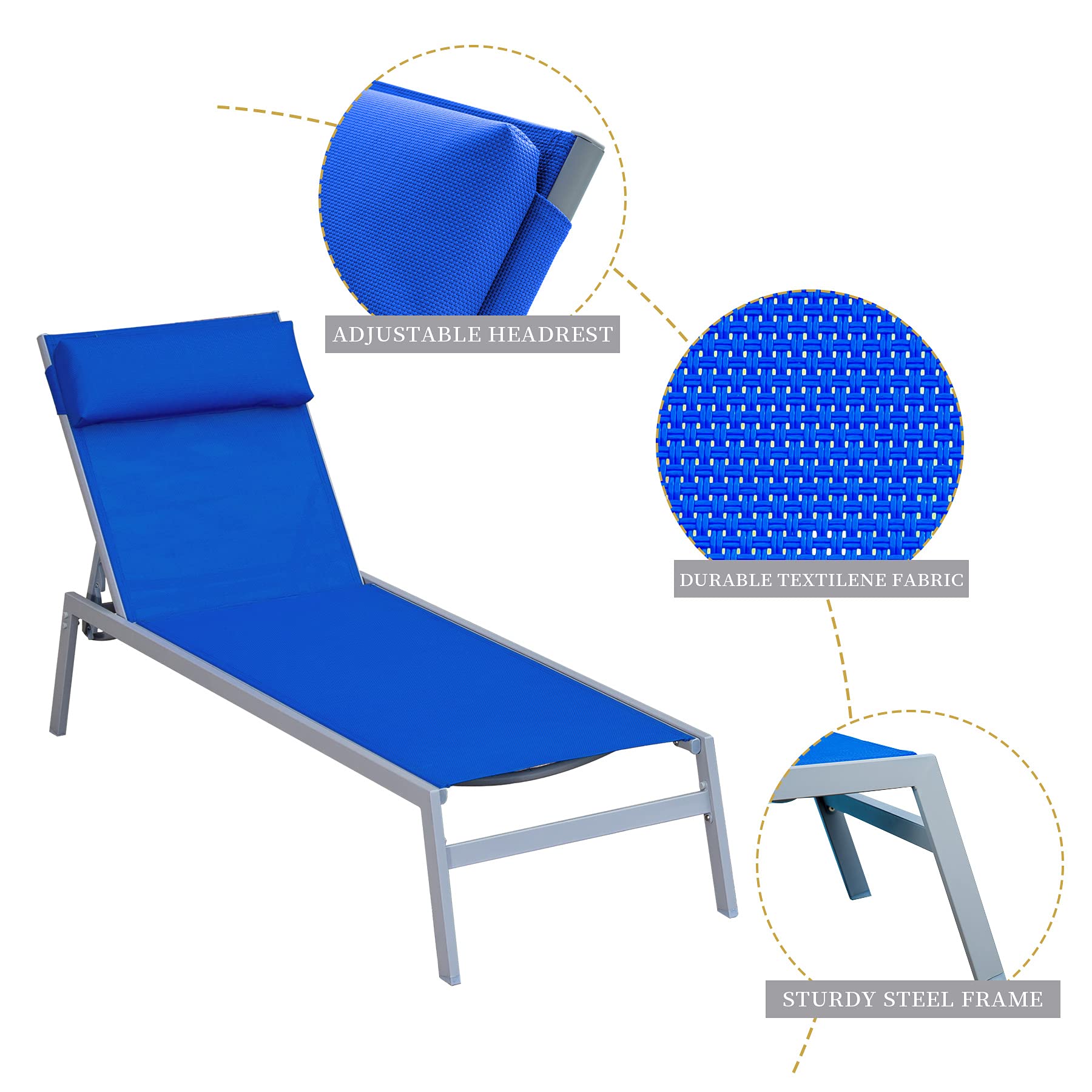 Domi 3 Pieces Adjustable Chaise Lounge Set Outdoor Patio Lounge Chair All Weather Five-Position Recliner Chair Set w/Coffee Table for Patio, Pool, Yard (Blue)