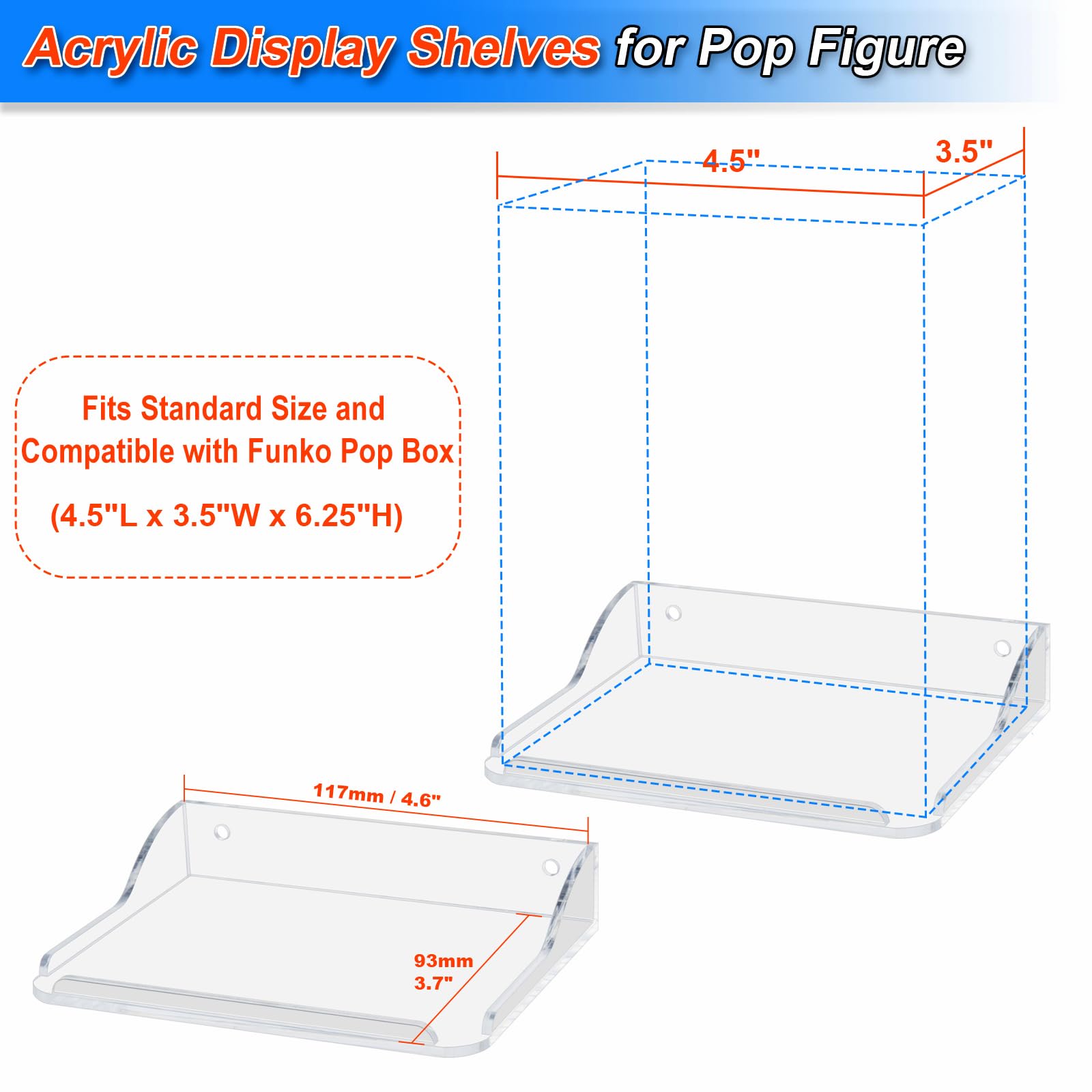 Cosmos 2 Pcs Acrylic Display Shelves Wall Figure Display Stand Floating Shelves Compatible with Funko Pop Figure Collection Box (4.5" x 3.5") - With Screws and Self Adhesive Tape, Transparent Clear