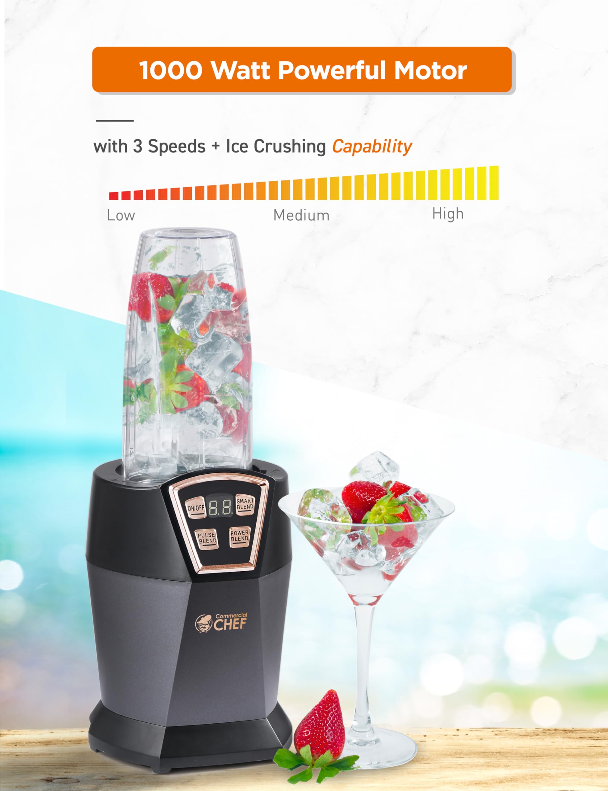 COMMERCIAL CHEF Personal Blender with 3 Modes, Blender for Smoothies, Shakes & More with 6 Stainless Steel Blades, 1000W Small Blender with LED Display