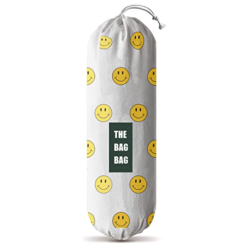 DINGWEN Funny Smiling Face Pattern Grocery Bag Storage Holder, Wall Mount Free Adjustment with Drawstring, Washable Canvas Plastic Organizer, Dispenser for Home Kitchen, 23x9 inch