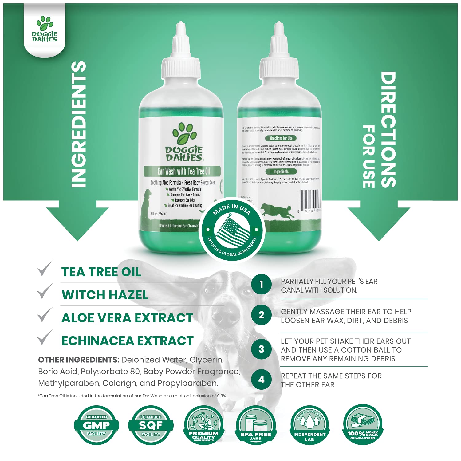 Doggie Dailies Cleansing Ear Wash for Dogs with Tea Tree Oil & Soothing Aloe Vera