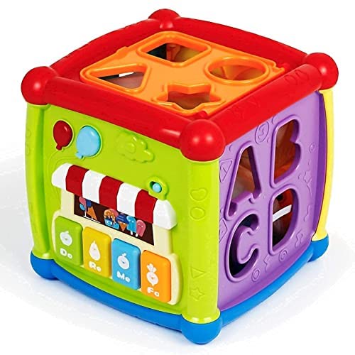 Baby Activity Cube - 6-in-1 Musical Baby Learning Toys, Play Set Includes A-B-C-D Letters, Colorful Shape Sorter, Vehicles Puzzle, 4 Piano Keys and More - ASTM Certified Toddler Toys