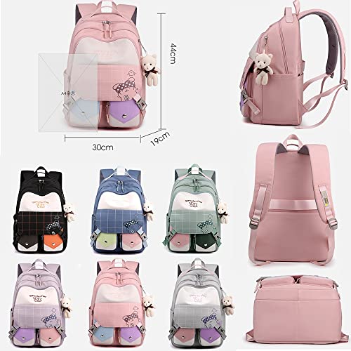 Girls Plaid Aesthetics Backpack Teens Lightweight Casual Bookbag Kawaii Travel Bag with Cute Accessories Schoolbag