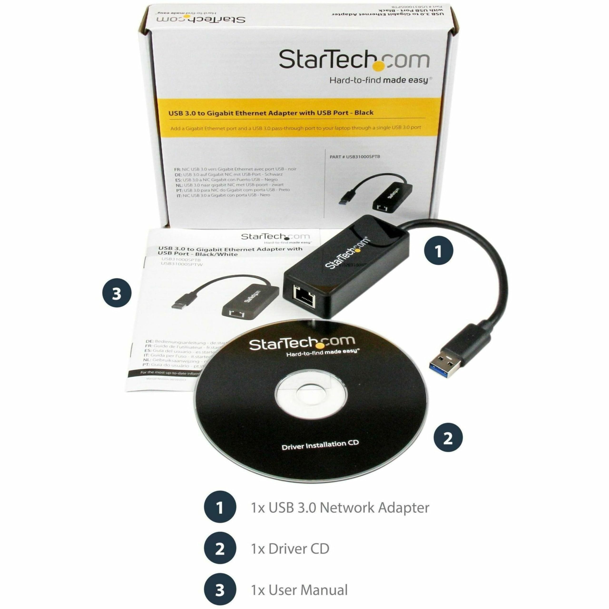 StarTech.com USB 3.0 Ethernet Adapter - USB 3.0 Network Adapter NIC with USB Port - USB to RJ45 - USB Passthrough (USB31000SPTB), Black, 0.7" x 1.4" x 5" x 5"