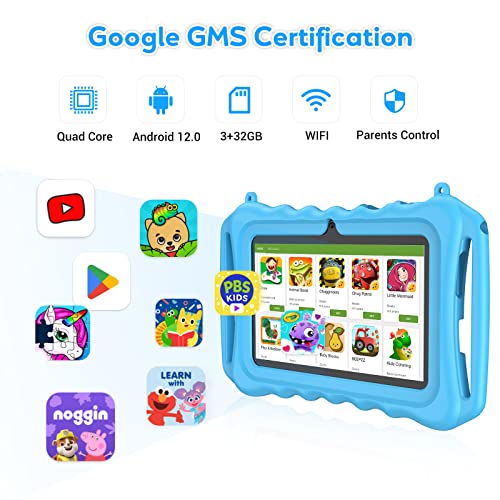 Kids Tablet, 7 inch Tablet for Kids 3GB RAM 32GB ROM, Android 12.0 Toddler Tablet with Dual Camera, WiFi, Bluetooth, Parental Control, Shockproof Case, YouTube, Netflix, Children Tablet for Toddlers