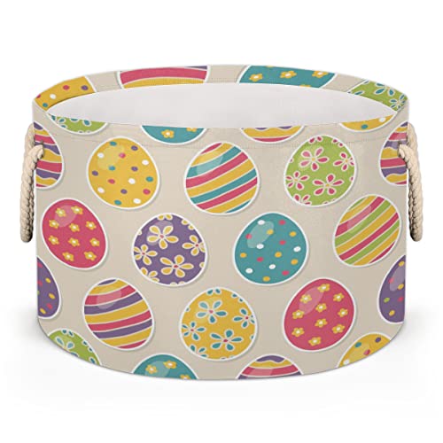 Colorful Eggs Easter Pattern (4) Large Round Baskets for Storage Laundry Baskets with Handles Blanket Storage Basket for Bathroom Shelves Bins for Organizing Nursery Hamper Girl Boy