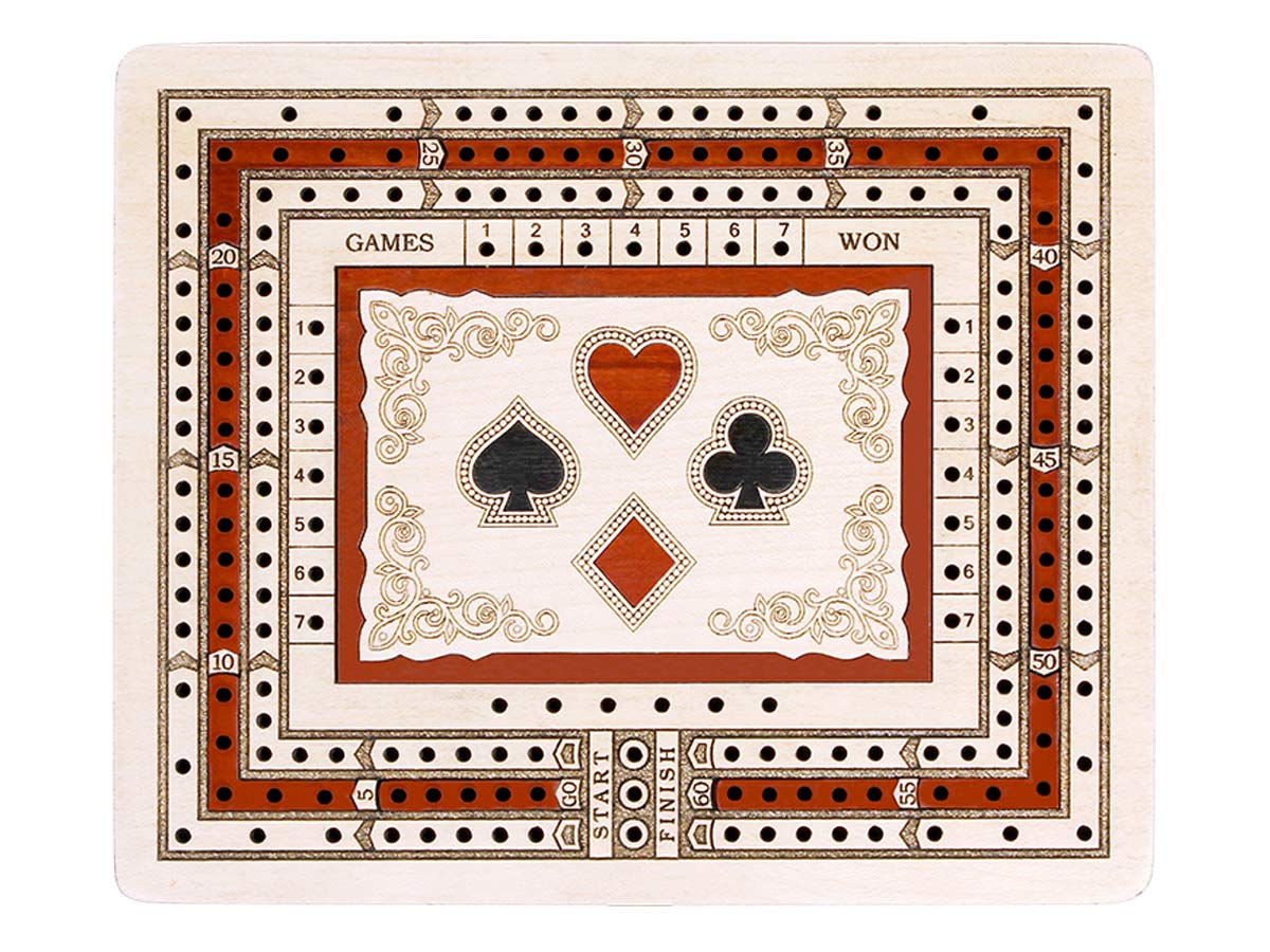 House of Cribbage - 3 Track - 60 Points Non-Continuous Travel Cribbage Board Inlaid in Maple Wood/Bloodwood - Size:6" x 5" - Storage Drawer for Cribbage Pegs & Playing Cards