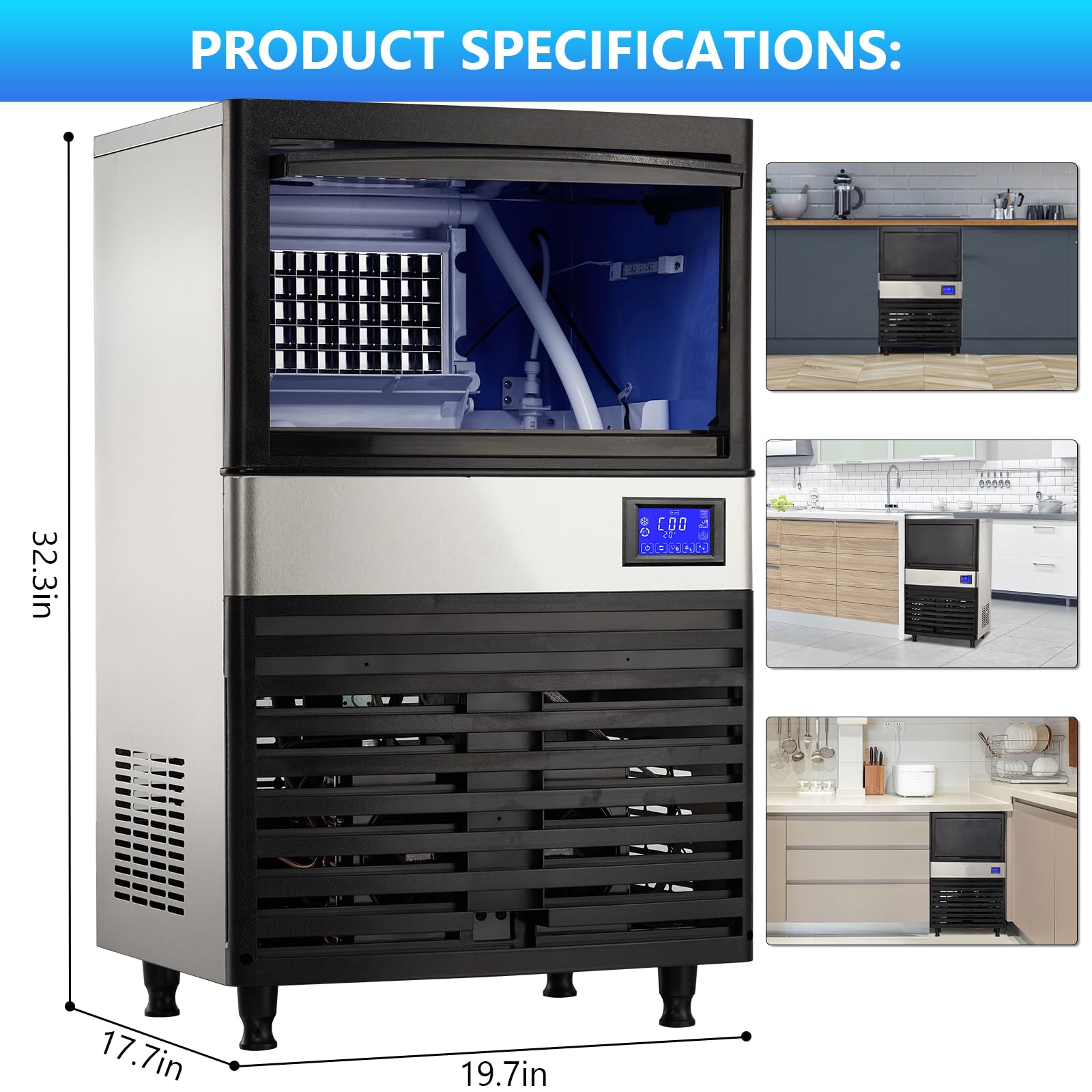 Commercial Ice Maker Machine 350Lb/24H, 1000W Ice Machine with 310Lbs Large Storage Bin, Industrial Ice Machine with LED Panel, Stainless Steel Clear Ice Cube Maker for Bar/Cafe/Restaurant/Business