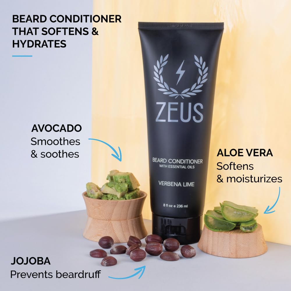 ZEUS Beard Wash & Beard Conditioner Set with Green Tea for Men, Soften, Hydrates & Moisturizes - MADE IN USA (Sandalwood)