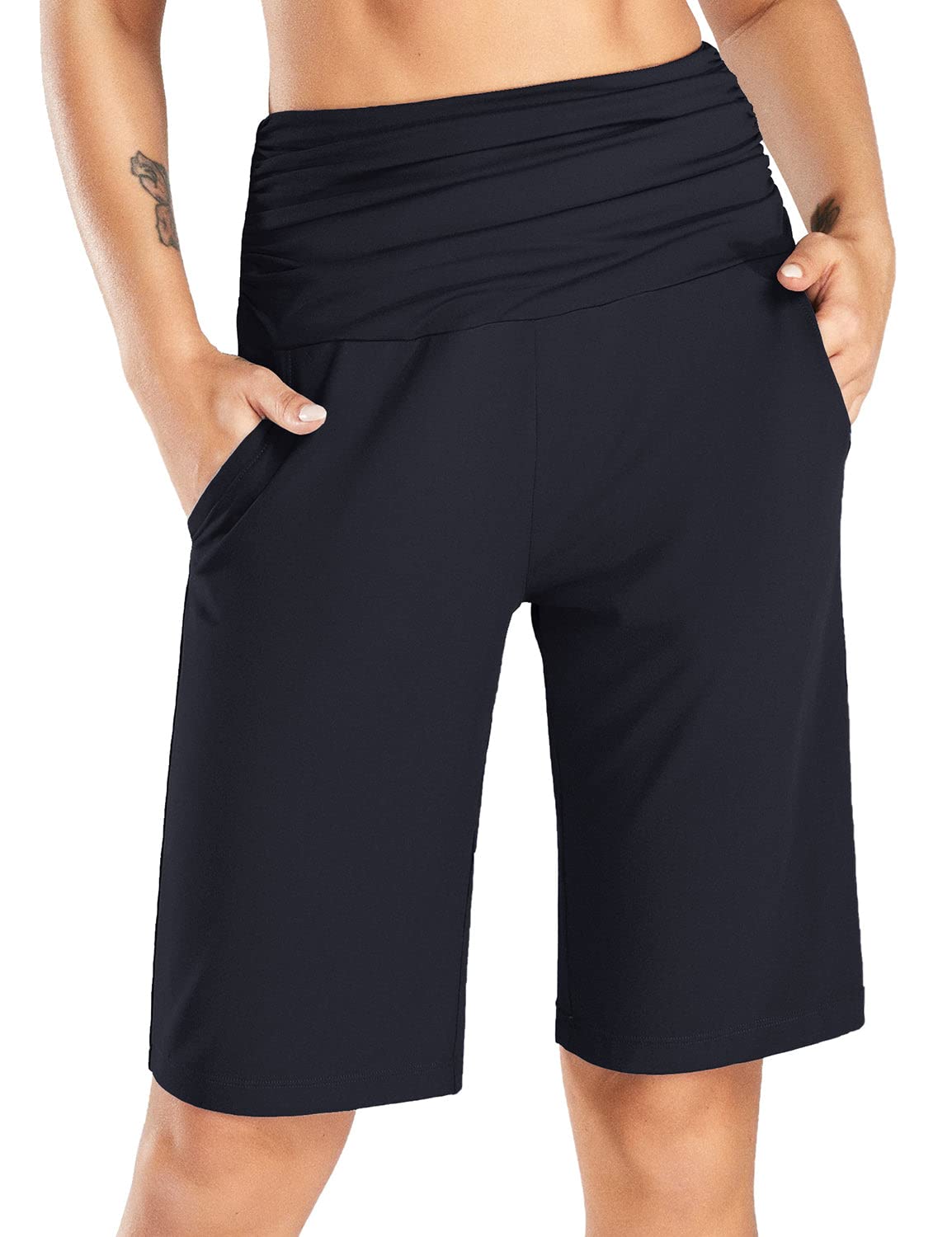 BALEAF 10" Bermuda Shorts for Women Lightweight Athletic Long Shorts Soft Runnning Workout Lounge Shorts with Pockets Black XL