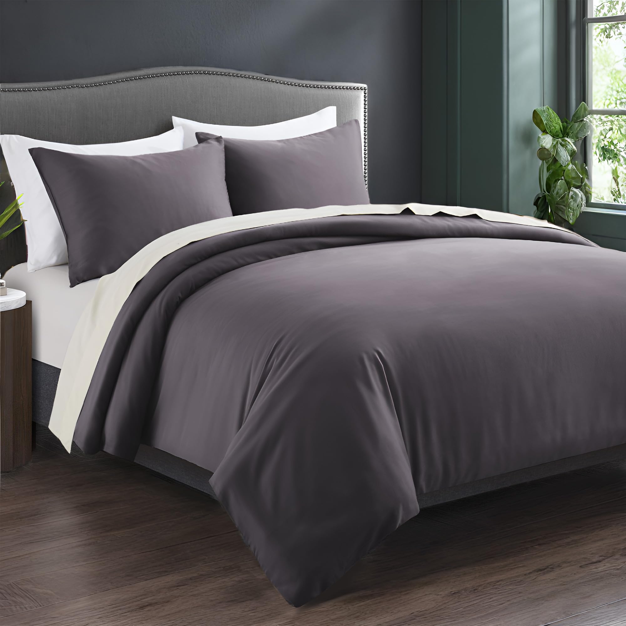 Dreamhood King Size Viscose Derived from Bamboo Duvet Cover Set 1 Duvet Cover,2 Pillow Shams,Luxuriously Soft Cooling Smooth 3 Piece Set with 4 Corner Ties (Dark Grey,106"×90")