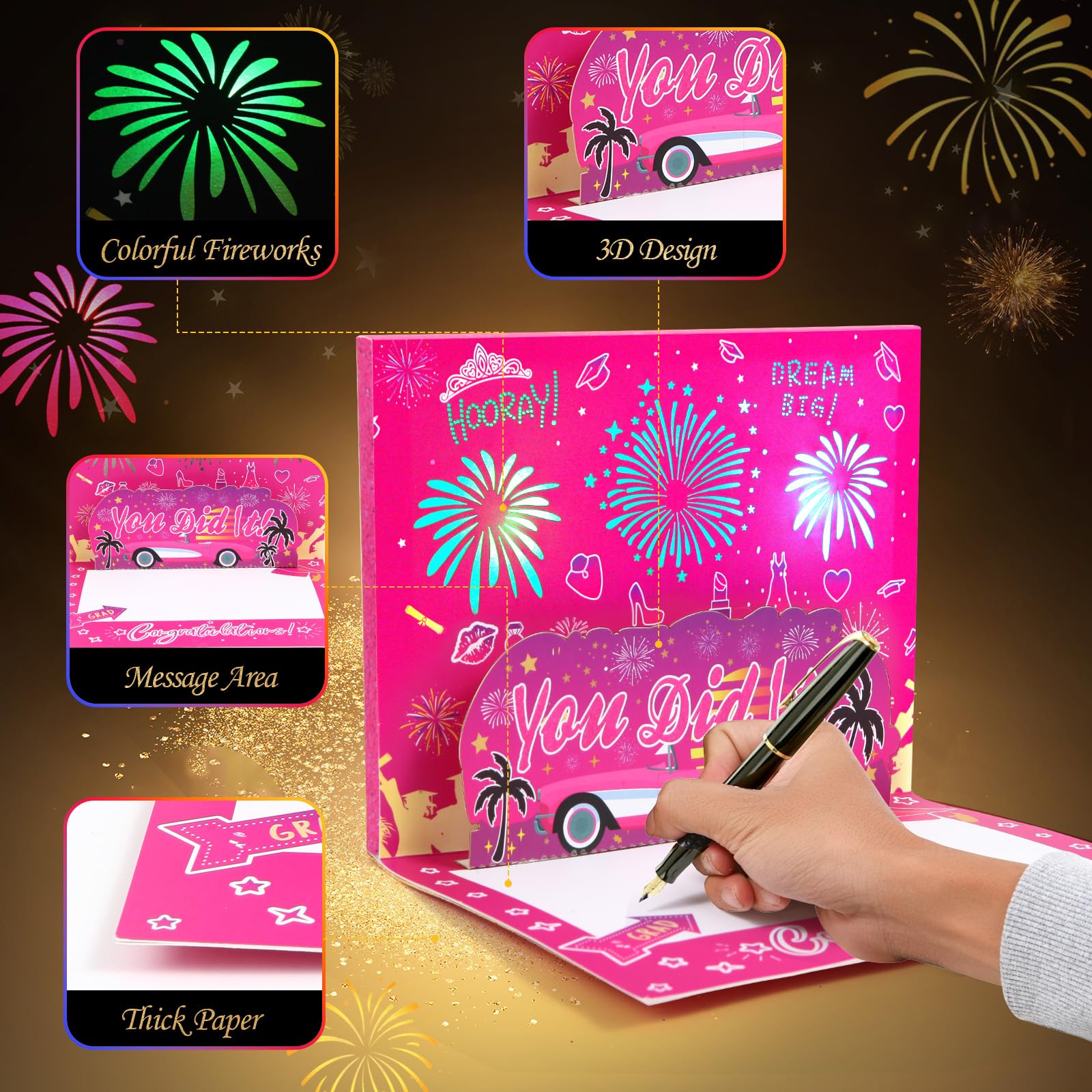 Graduation Cards 2024, Graduation Fireworks 3D Pop-Up Card - Congratulations High School, College, and Master's Degree, a Unique Personalized Graduation Card - Premium Black (Envelope Not Included)