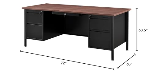 Global Industrial 72"W x 30"D Steel Teachers Desk, Mahogany Top with Black Frame