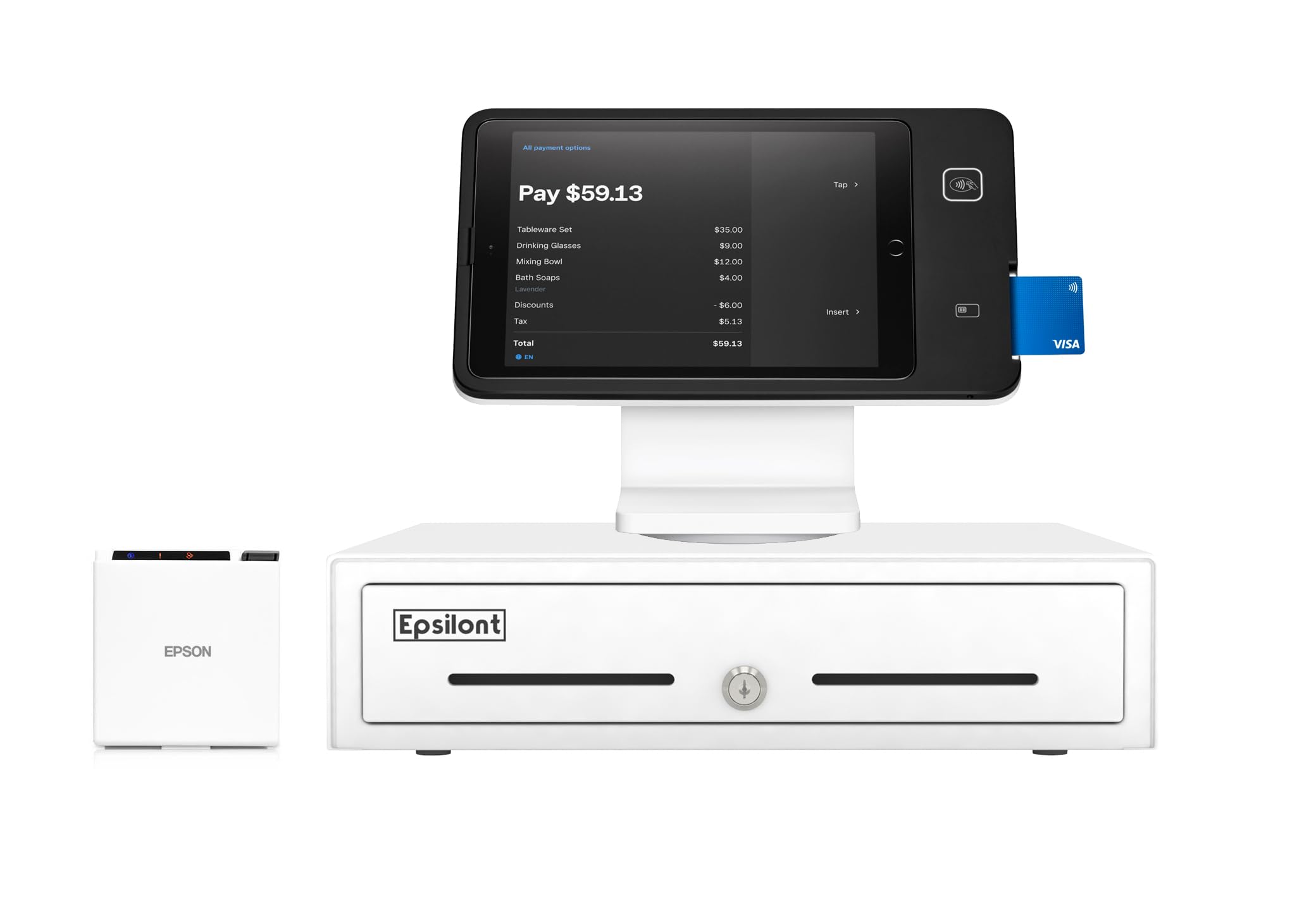 Epsilont Square Register Hardware Bundle Compact -M10 2" Compact Receipt Printer, Mini Cash Drawer, Stand for iPad USB-C 10.9" and 11.0"