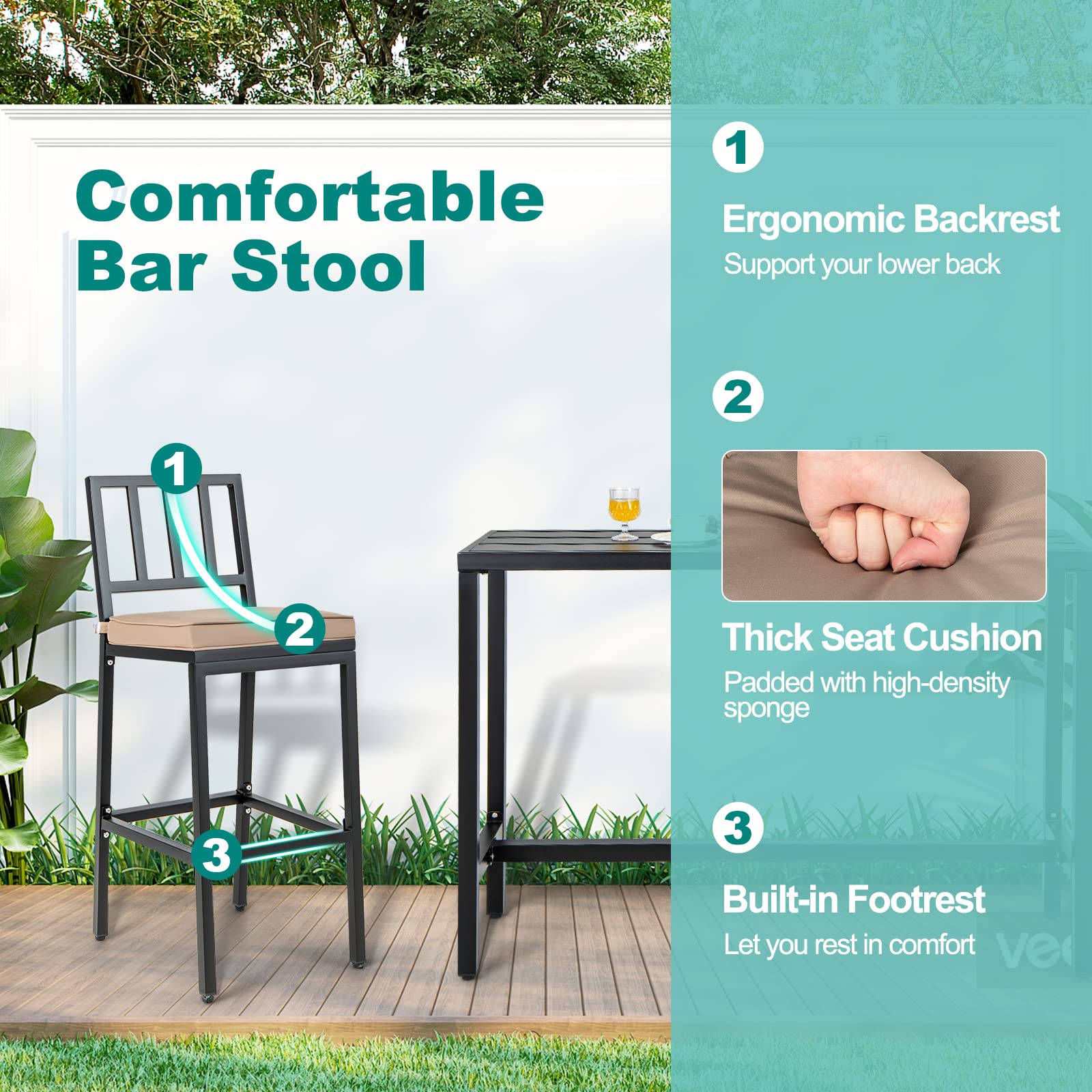 COSTWAY 3 Piece Outdoor Patio Bar Set, 48" Rectangular Pub Height High Top Bar Table with 2 Cushioned Bar Stools, Metal Bar Table and Chairs Set for Balcony, Backyard, Porch