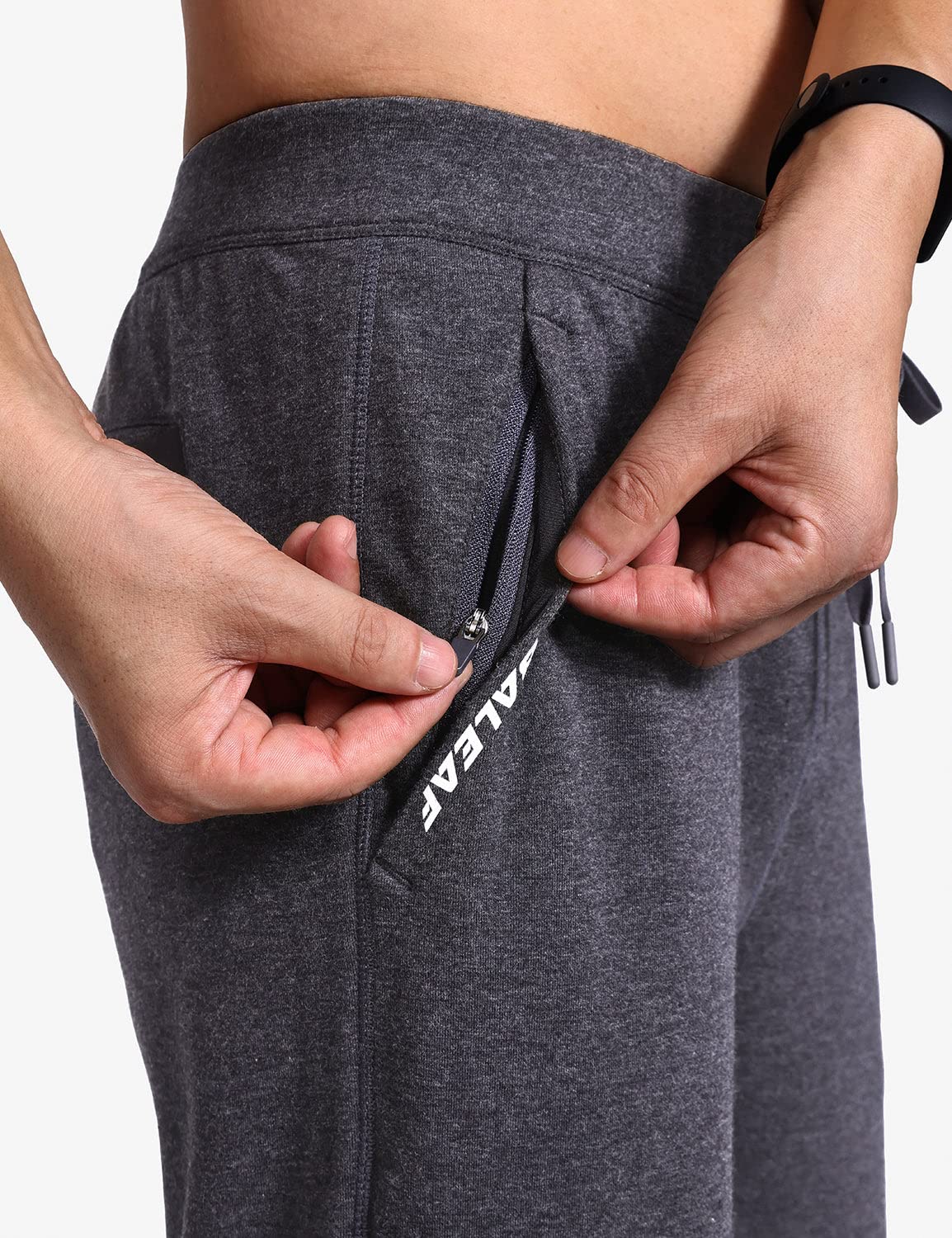 BALEAF Men's Jogger Running Cropped Pants Slim Fit Cotton Zipper Pockets Tapered Sweatpants Quick Dry Gym Office Grey Heather Large
