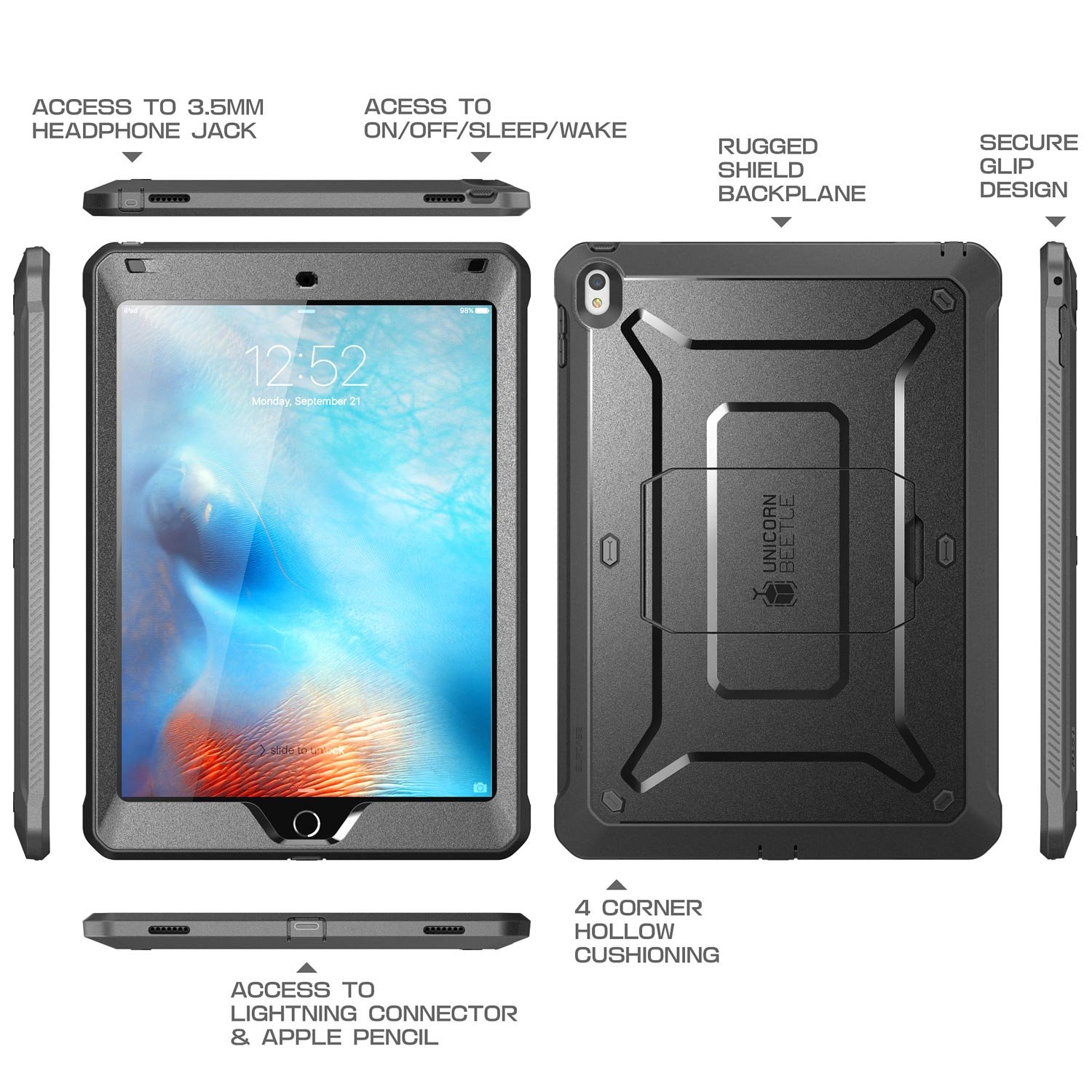 SUPCASE [Unicorn Beetle Pro Series] Case Designed for iPad Pro 9.7 inch, with Built-In Screen Protector [Heavy Duty] Full-body Rugged Protective Dual Layer Case for iPad Pro 9.7 2016 (Black/Black)