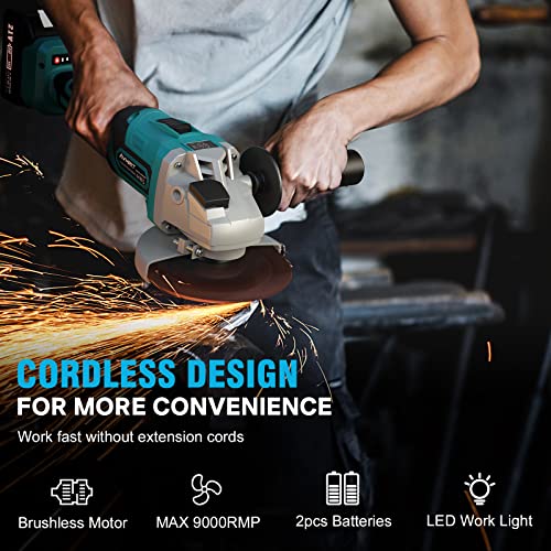 Cordless Angle Grinder, 21V Power Angle Grinder Tools with 2PCS 4.0Ah Batteries & Fast Charger,9000RPM Brushless Motor Metal Grinder, 4-1/2'' Cutting Wheels, Flap Disc for Cutting, Polishing