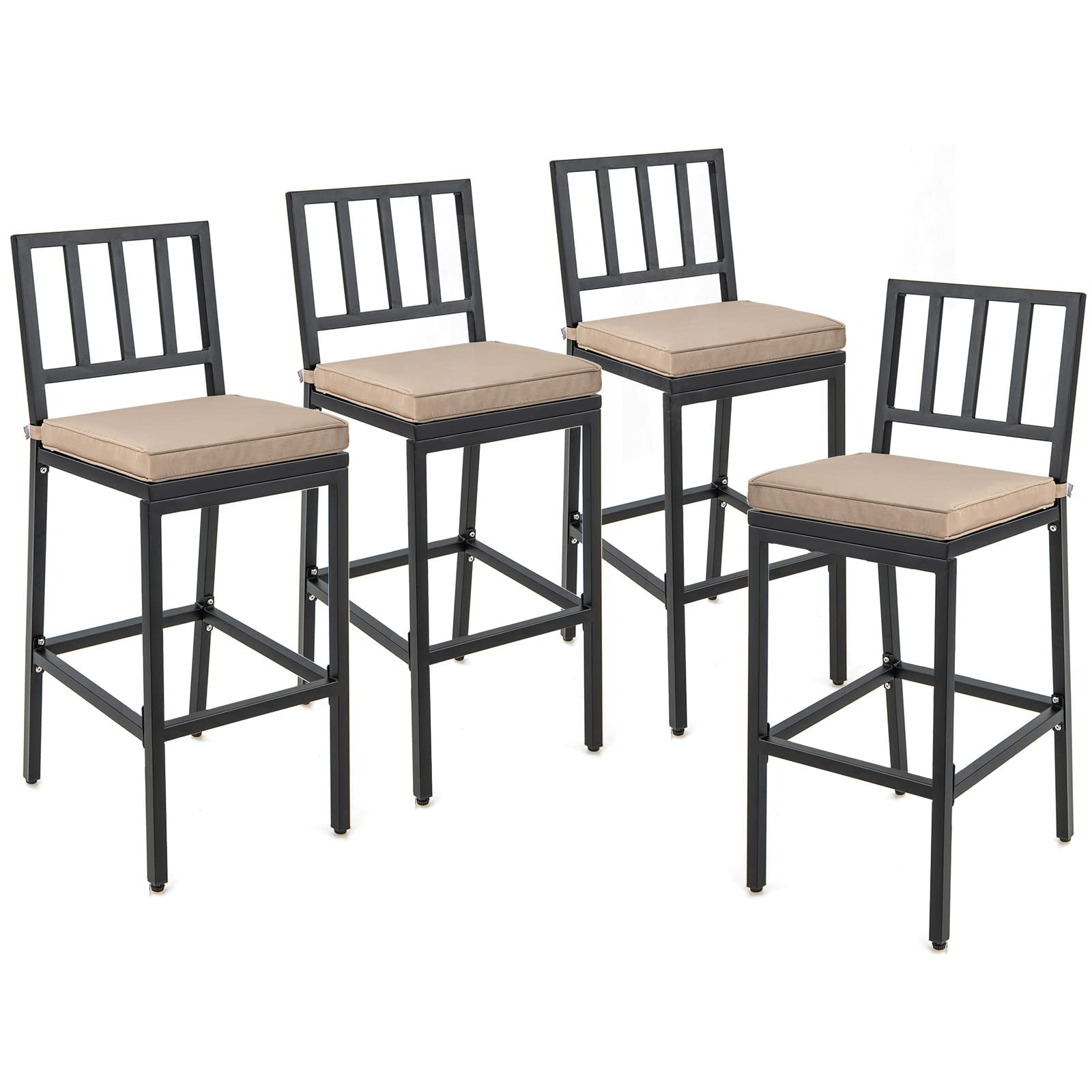 COSTWAY 4 PCS Patio Bar Chairs, Heavy-Duty Metal Frame Bar Stools, Indoor Outdoor All-Weather Resistant Barstools with Detachable Cushion & Footrest, for Patio, Garden, Poolside (4)