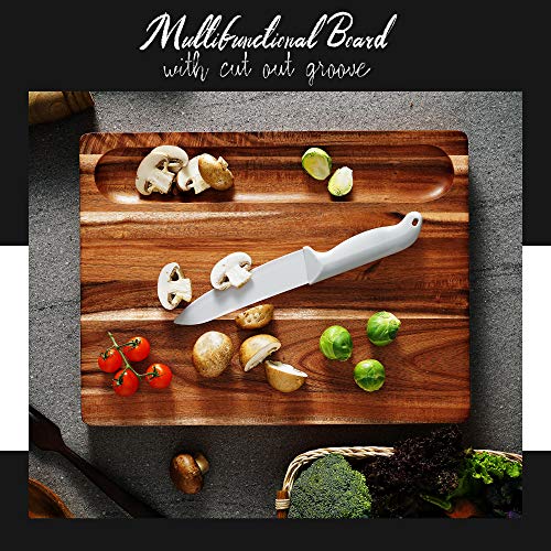 FANICHI Extra Large & Thick Acacia Wood Cutting Board: 16 x 12 x 1.5 Inch Reversible Multipurpose with Juice Groove, Cracker Holder & Inner Handles.