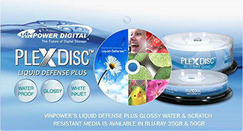 PlexDisc Water Resistant Glossy White Inkjet Printable BD-R 6x 25GB Blu-ray, 25 Disc Spindle