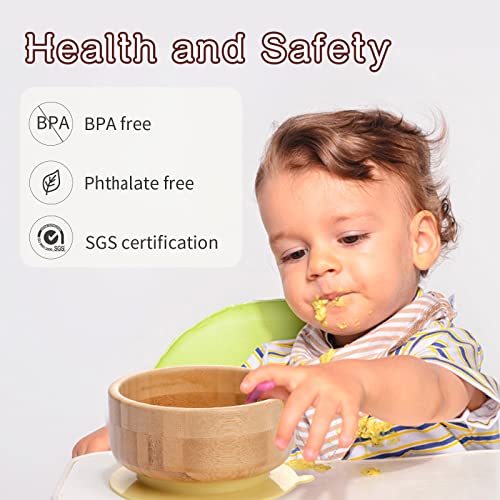 Baby Bamboo Bowls with Suction and Matching Spoon Set - 2PC Feeding Supplies Set for Infant, Toddlers - Detachable Silicone Suction Stay Put Base for Wooden Bowl - BPA Free (Marble)