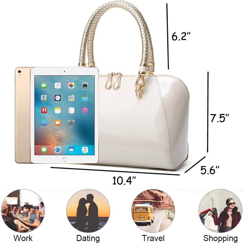ZiMing Glossy Patent Leather Handbags for Women Top Handle Purse Satchel Bag Stylish Handbag Medium Tote Bags Shoulder Bag Evening Bag-White