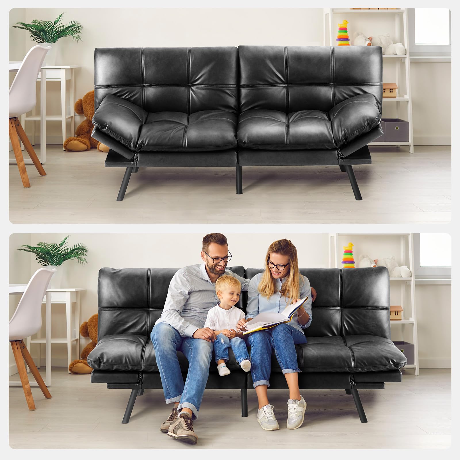 OLIXIS Faux Leather Futon Sofa Bed Couch,Convertible Sofa Bed,Memory Foam Loveseat Sofa,Small Splitback Sofa Sleeper for Office,Living Room,Black