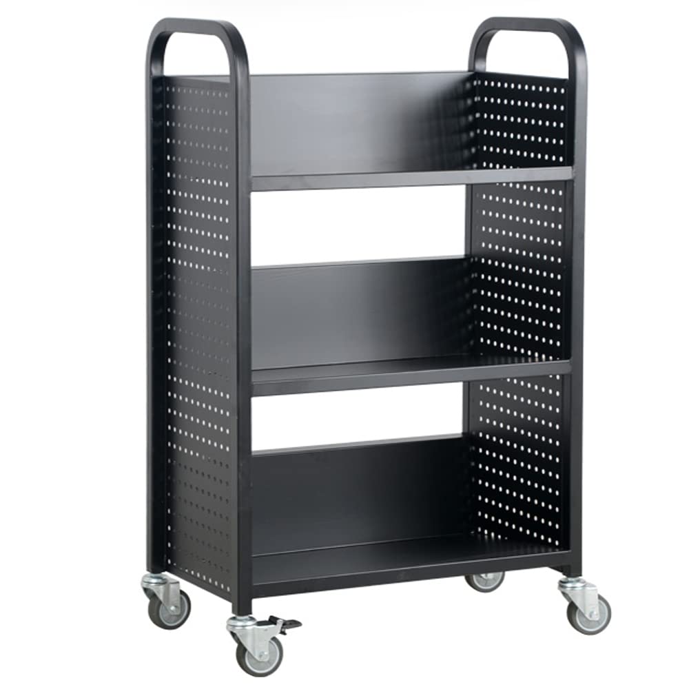 HHAA HA Library Rolling Book Cart with 3 Flat Shelves,Book Truck with Swivel Lockable Casters for Home,Office and School (Black)
