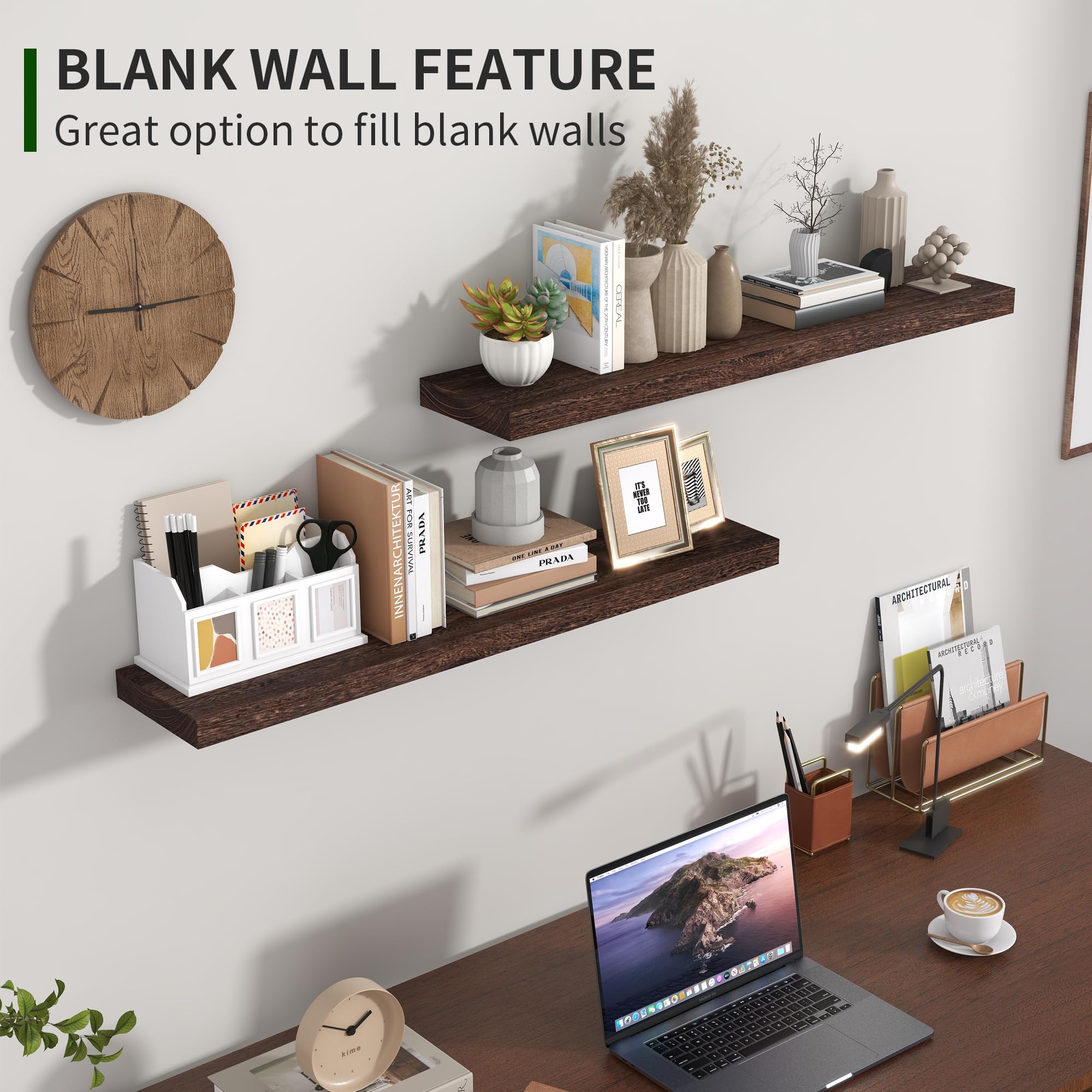 Marsmiles Floating Shelves, 36 Inch Wall Shelf Set of 2, Rustic Wood Shelves for Wall Storage, Fireplace Mantel, Wall Mounted Wooden Display Shelf for Bathroom Bedroom Kitchen Garage, Rustic Brown