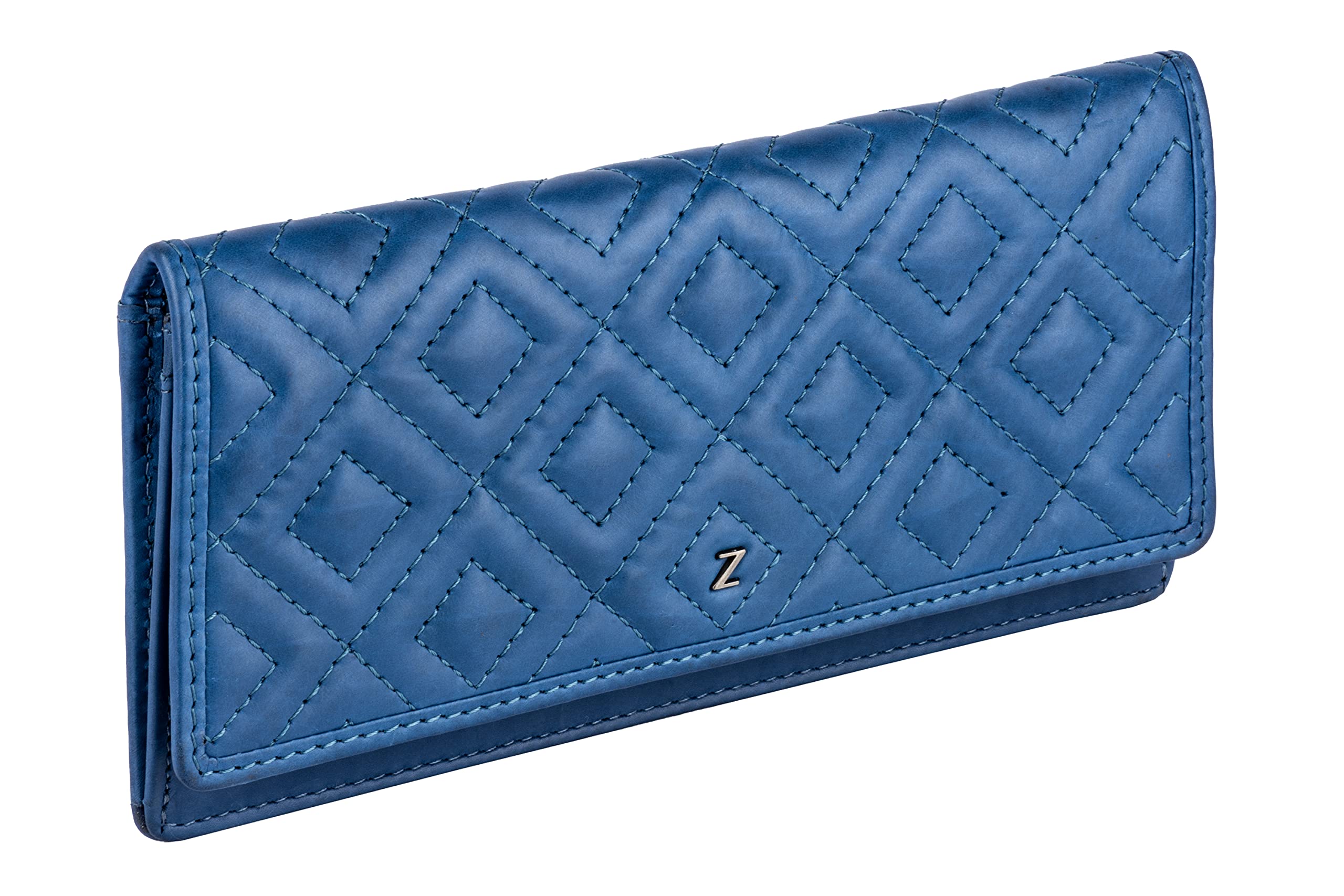 Zinda Genuine Leathers Women’s Wallet RFID Protection Long Purse Flap Over Quilted (Blue)