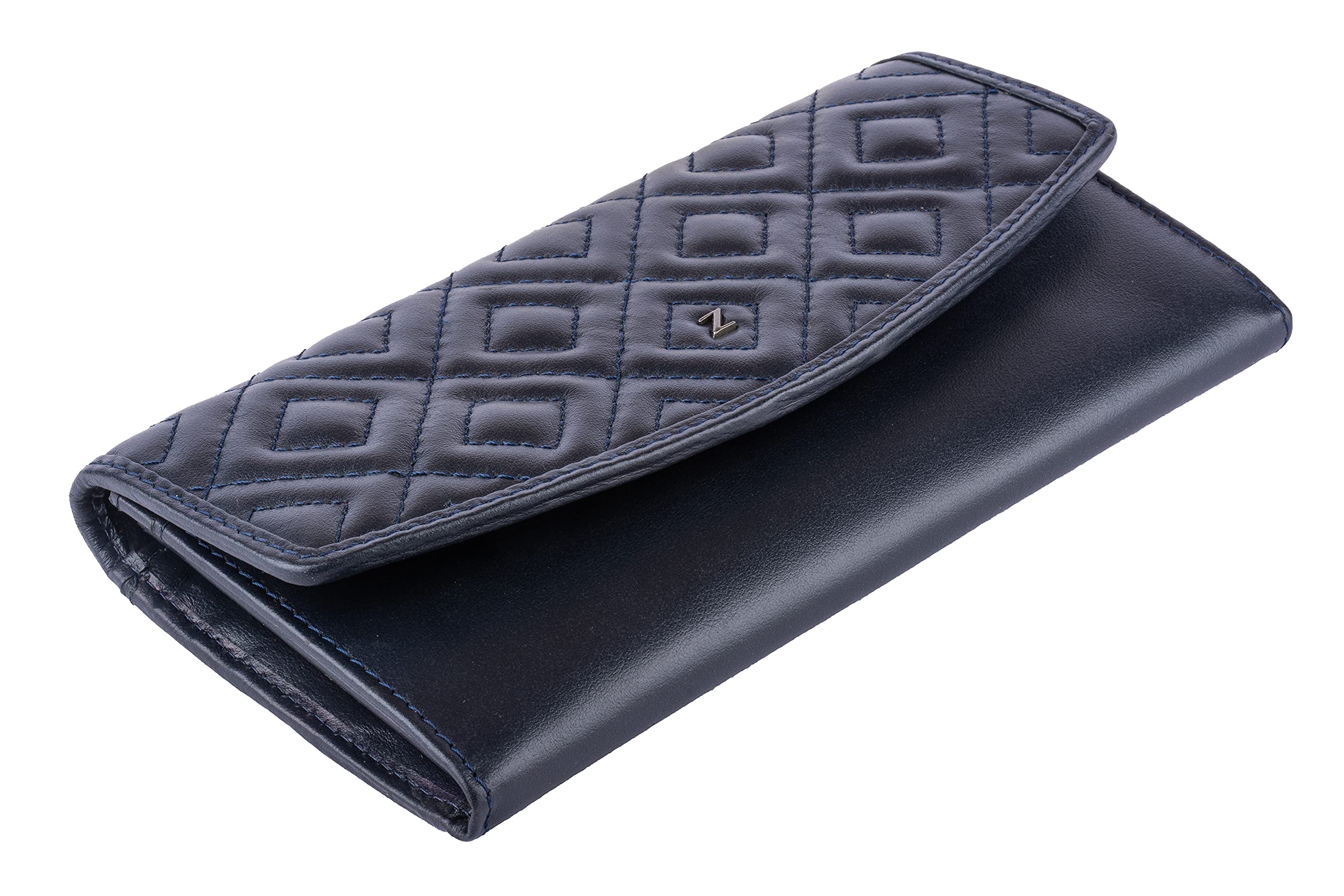 Zinda Genuine Leathers Women’s Wallet Long Purse Flap Over RFID Protection Quilted (Navy)