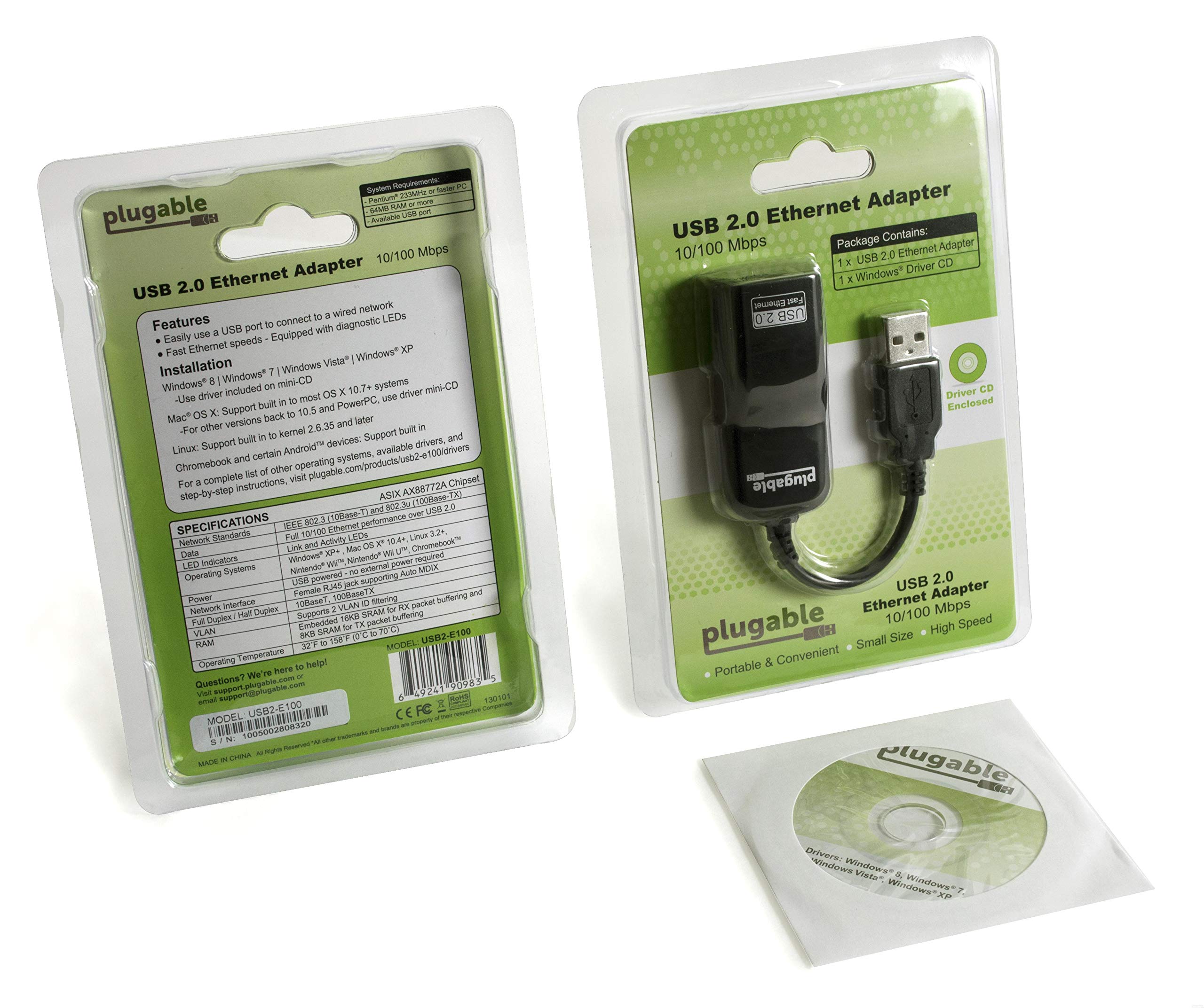 Plugable USB 2.0 to Ethernet Fast 10/100 LAN Wired Network Adapter - Driverless and Compatible with Chromebook, Windows, Linux