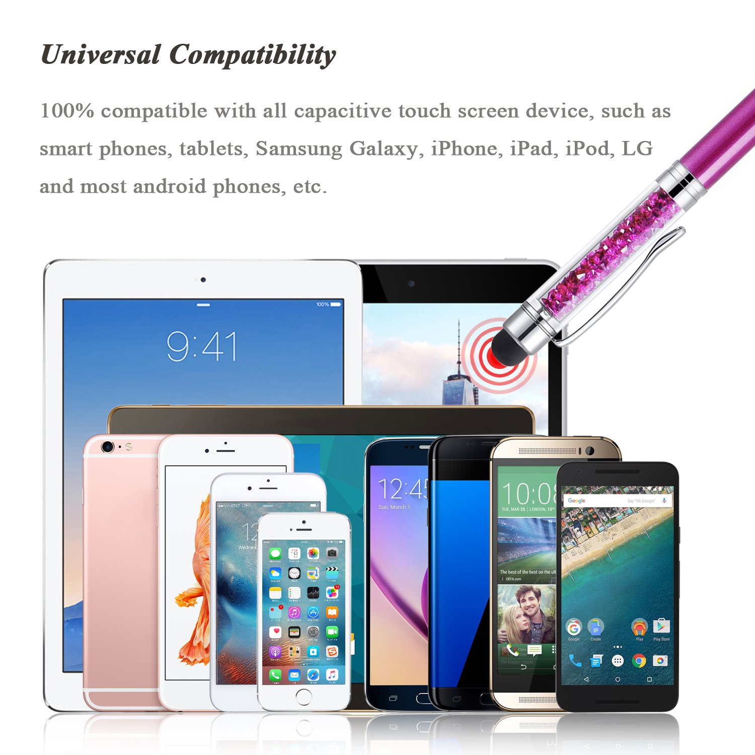 Stylus Pens, Besgoods 6Pcs Crystal 2 in 1 Slim Capacitive Stylus &Ballpoint Pen for Touch Screens, Phones and Tablets, Sky Blue pink Purple Royal Blue Black White