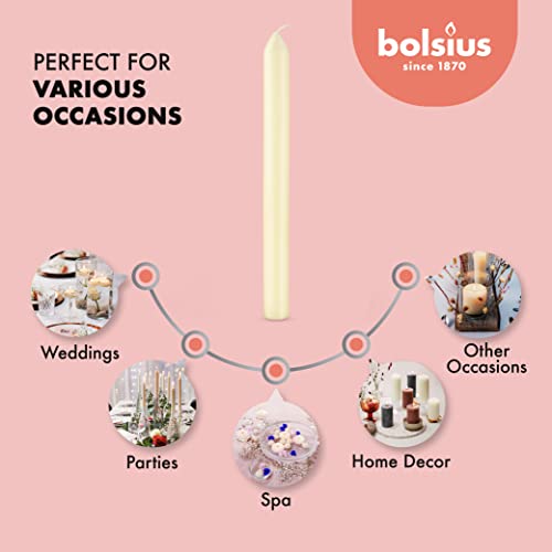 BOLSIUS 10 Count Household Ivory Dinner Candles - 9 Inches - Premium European Quality - Approx. 8 Hours Burn Time - Unscented Dripless and Smokeless, Restaurant, Wedding, Spa, and Party Candlesticks