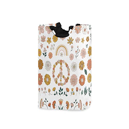 Kigai Laundry Hamper Basket Retro Flowers Peace Sign Collapsible Nursery Storage Bin Waterproof Clothing Baskets for Home Bedroom Bathroom Washing Room