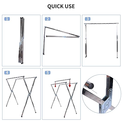 DAMGOLOZA Clothes Drying Rack, 95 Inches Portable Heavy Duty Stainless Steel Laundry Drying Rack, Foldable & Length Adjustable with 20 Windproof Hooks for Indoor Outdoor