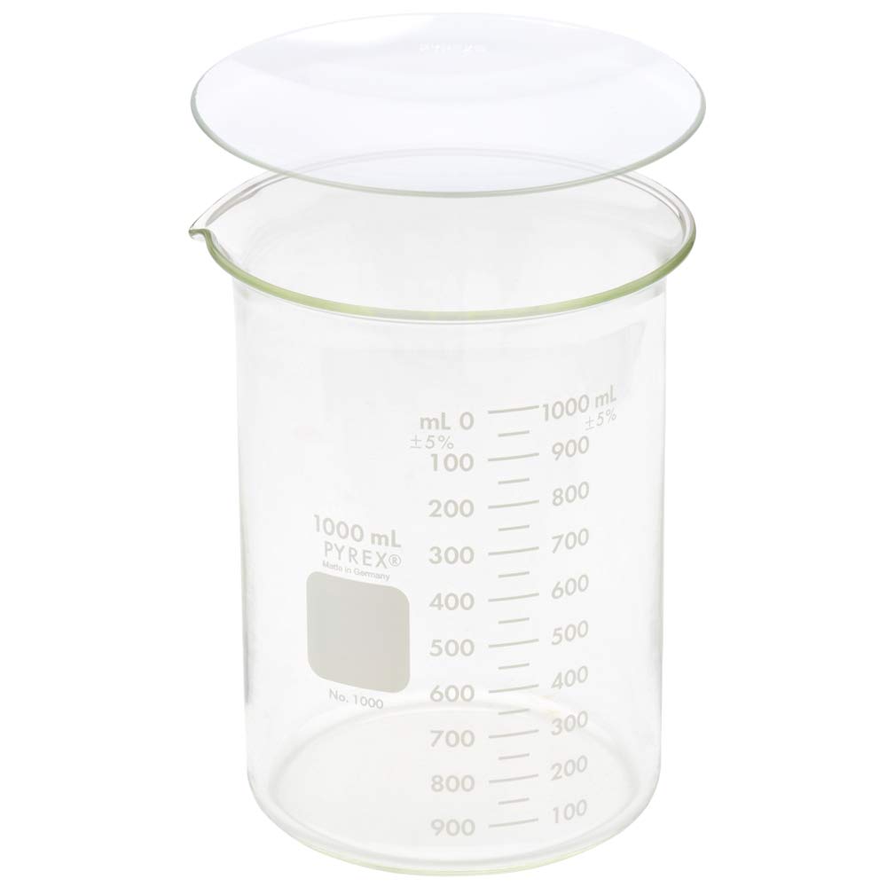 Corning Pyrex 1000-1L, 1000ml Glass Beaker with Corning Pyrex 9985-125, 125mm Watch Glass, Low Form Griffin, Double Scale (Single)