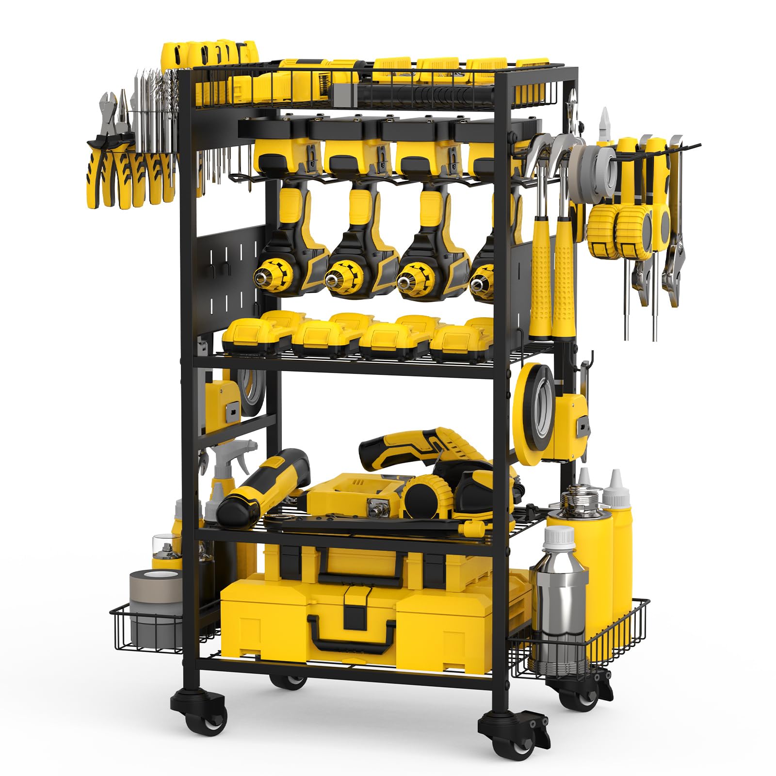Mefirt Power Tool Organizer Cart, Heavy Duty 5 Tier Rolling Tool Cart on Wheels, Garage Floor Standing Rolling Storage Cart with Drill Set Rack, Mechanic Utility Cart for Workbench & Outdoors Working