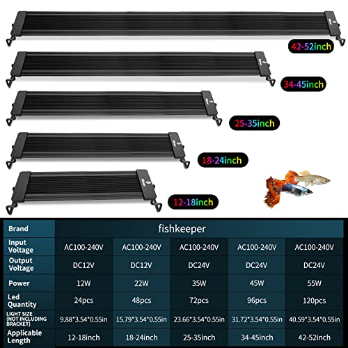 fishkeeper 22W LED Aquarium Light Full Spectrum Planted Fish Tank Light, 10 Levels of Brightness Adjustable 24/7 Mode with Timer Aluminum Alloy Shell Extendable Brackets for 18-24 inch