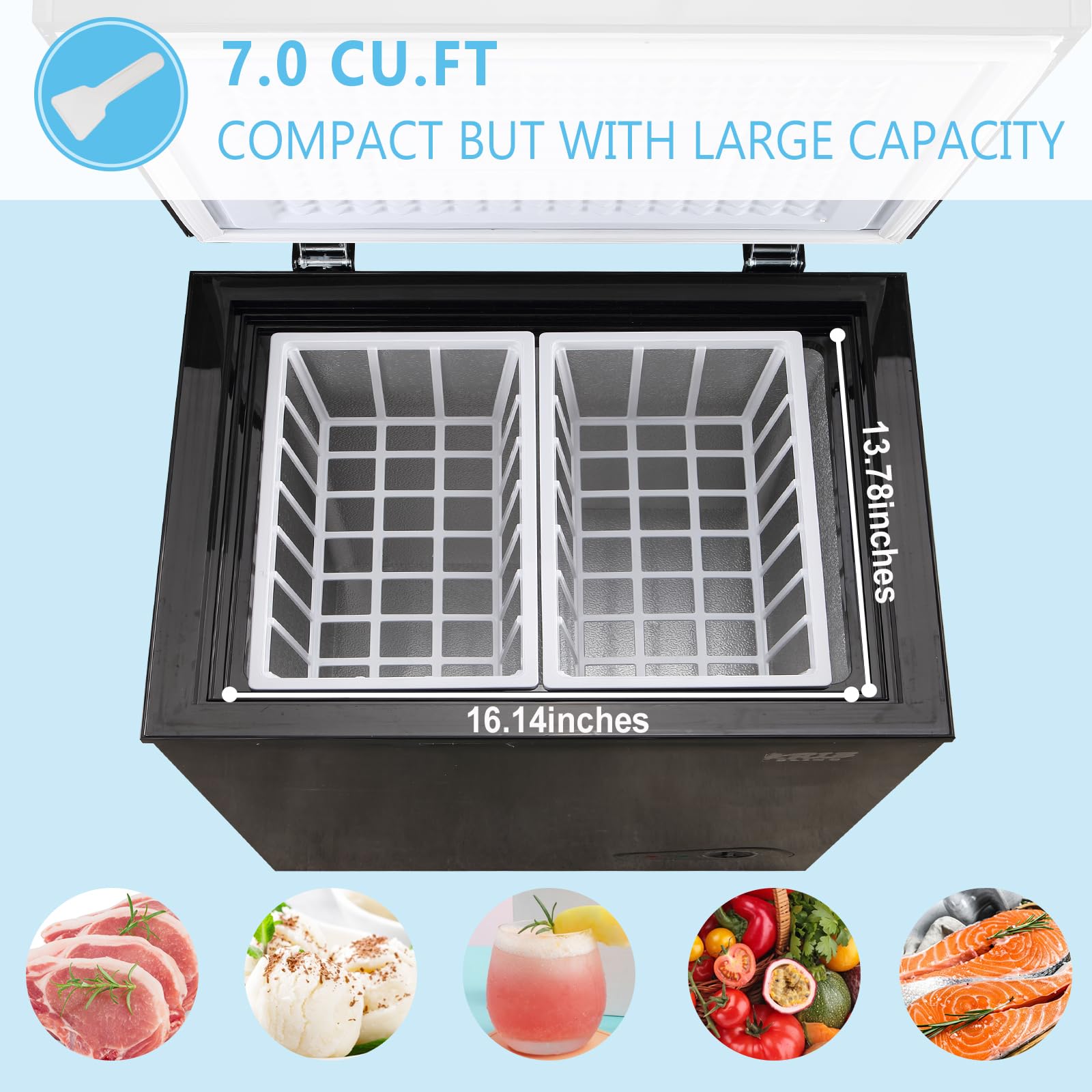 Chest Freezer with Freezer Basket, 7.0 Cu. Ft Mini Freezer 7 Temperature Levels Thermostat, Top Door Open, Ideal for Home, Kitchen & Office, Black
